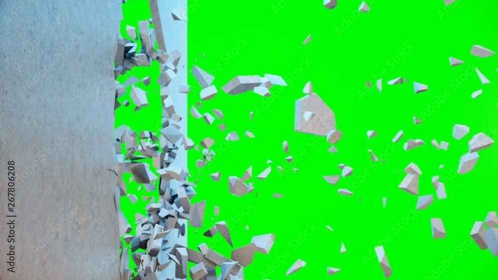 Concrete wall flying into small pieces. Cracked earth. Slow motion ...