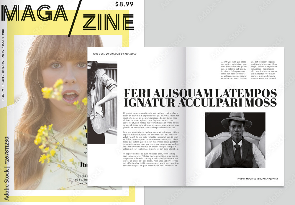 Magazine Layout with Yellow Graphic and Typographic Accents Stock ...