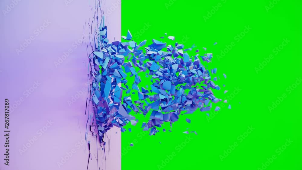 Broken wall pastel-violet color. Wall shatters into thousands of small ...