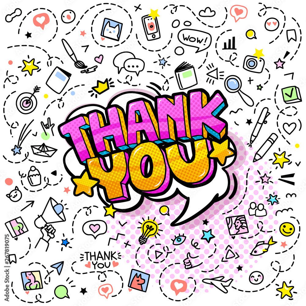 Thank You. Doodle background with hand drawn icons. Line art Stock ...