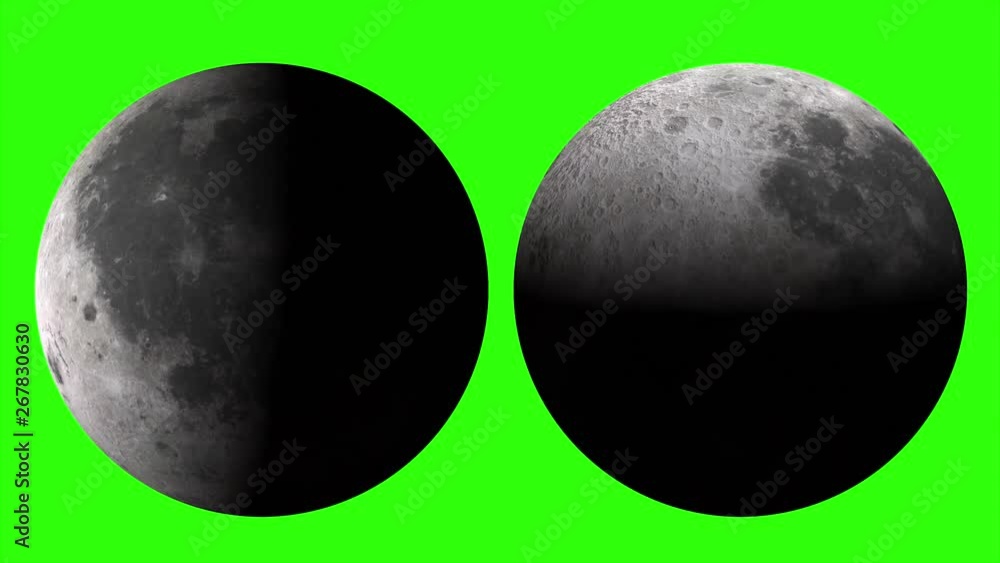 Phases of the moon. 2 different moon, lunar footage with shadow, half ...