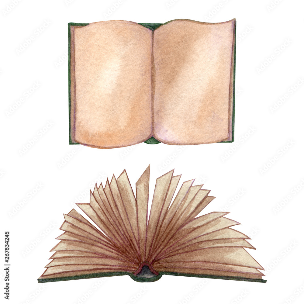 Watercolor set with old books. Original hand drawn illustration of old ...