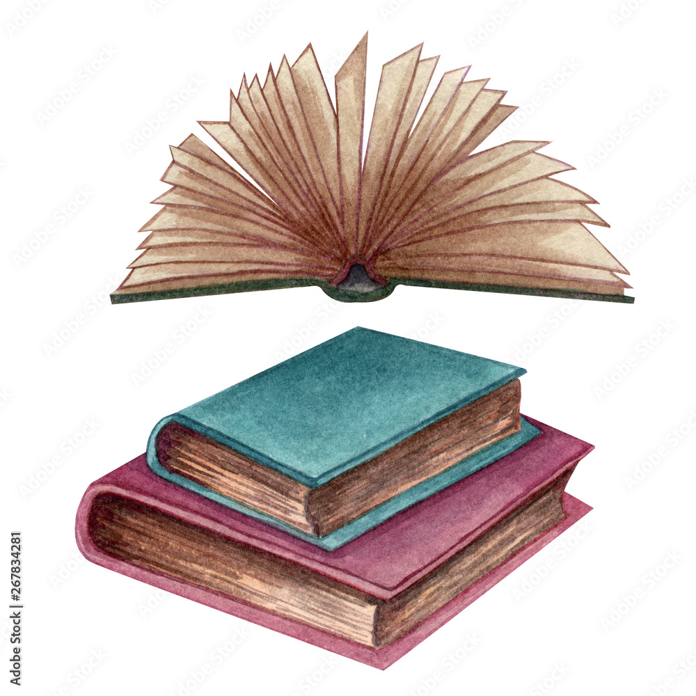Watercolor set with old books. Original hand drawn illustration of old ...