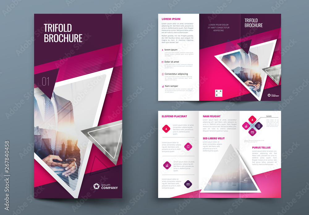 Pink Trifold Brochure Layout with Triangles Stock Template | Adobe Stock