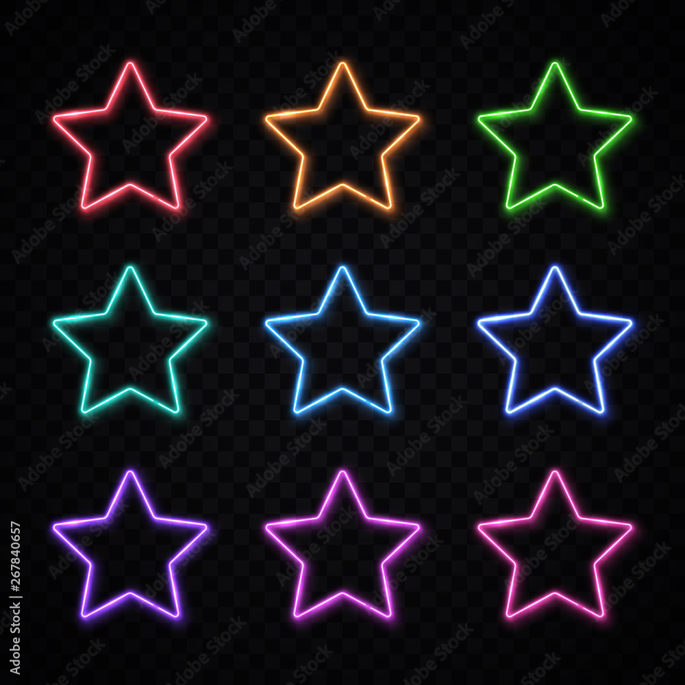 Colorful neon stars set on transparent background. Glowing led lamp ...