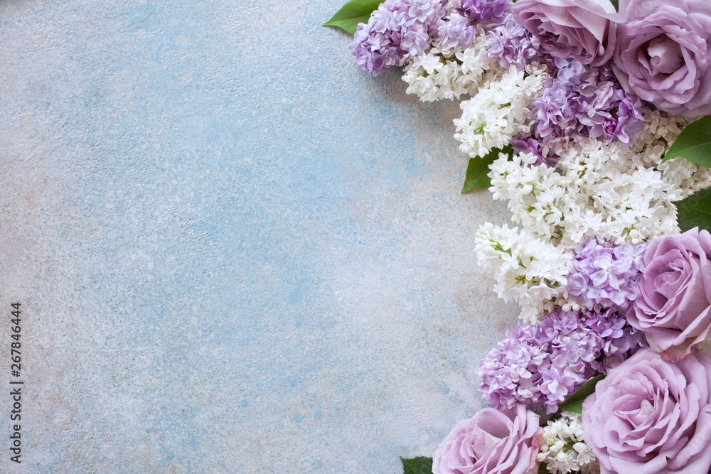 Decorative background for congratulations with lilac flowers and roses ...