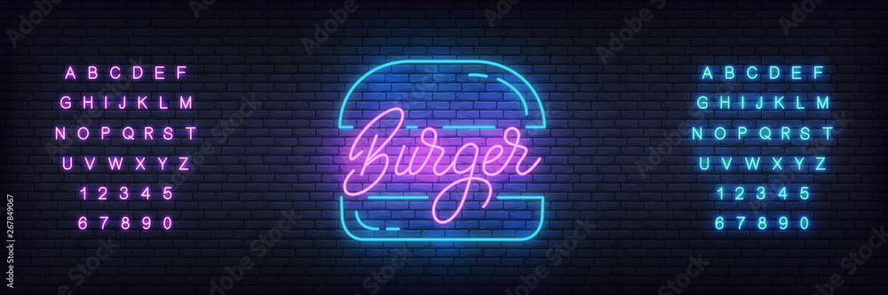 Burger neon template. Glowing lettering burger sign for bar, cafe ...