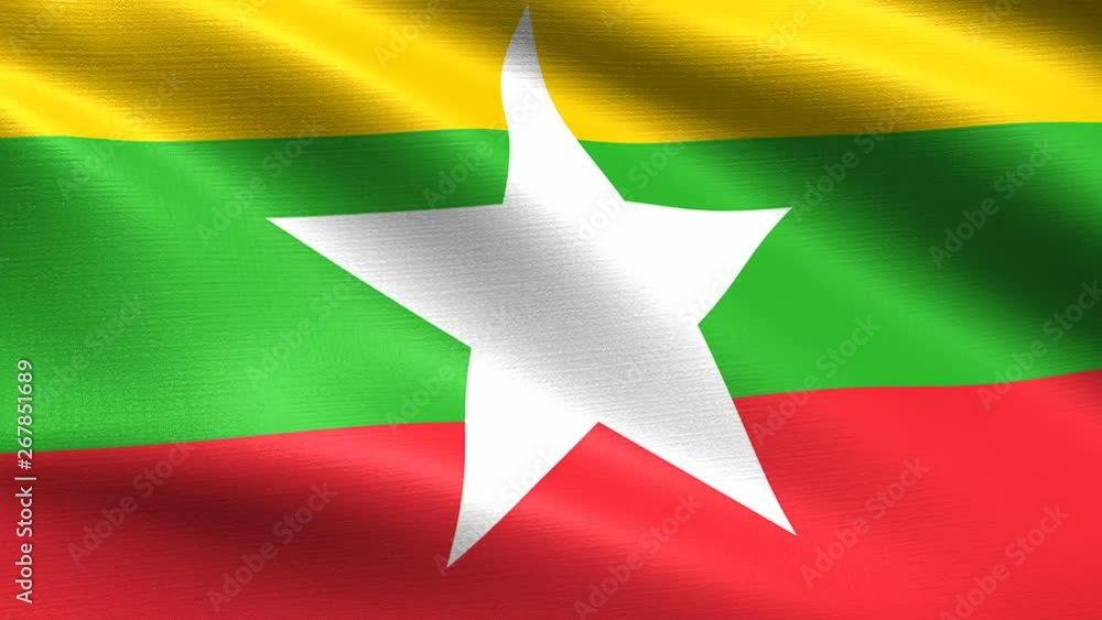 Realistic flag of Myanmar, Seamless looping with highly detailed fabric ...