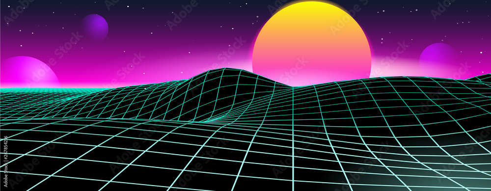 Retro Futuristic Game Planet Landscape Background 1980s Style. Digital ...