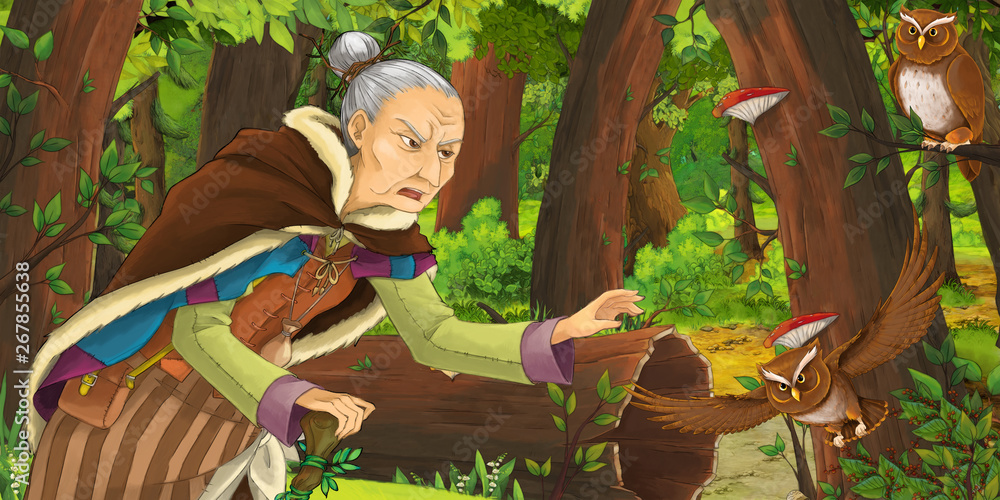 cartoon scene with happy old woman witch sorceress in the forest ...