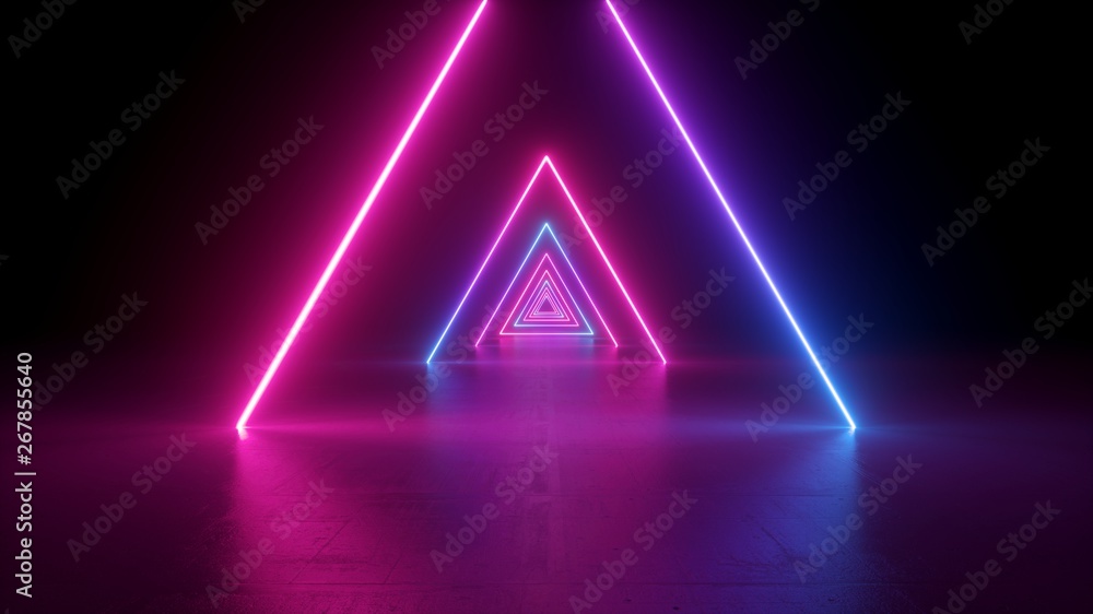 3d render, neon light triangle, virtual reality, triangular esoteric ...