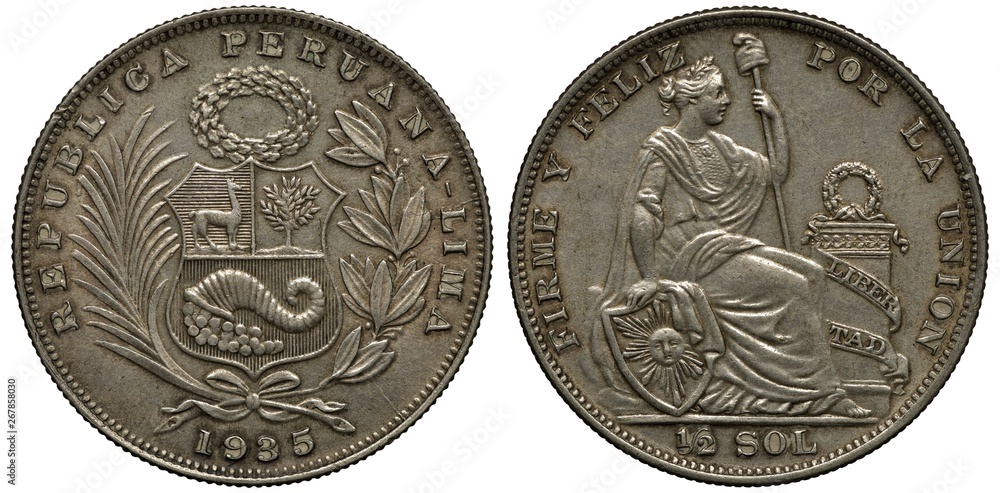 Peru Peruvian silver coin 1/2 half sol 1935, arms, shield with lama ...