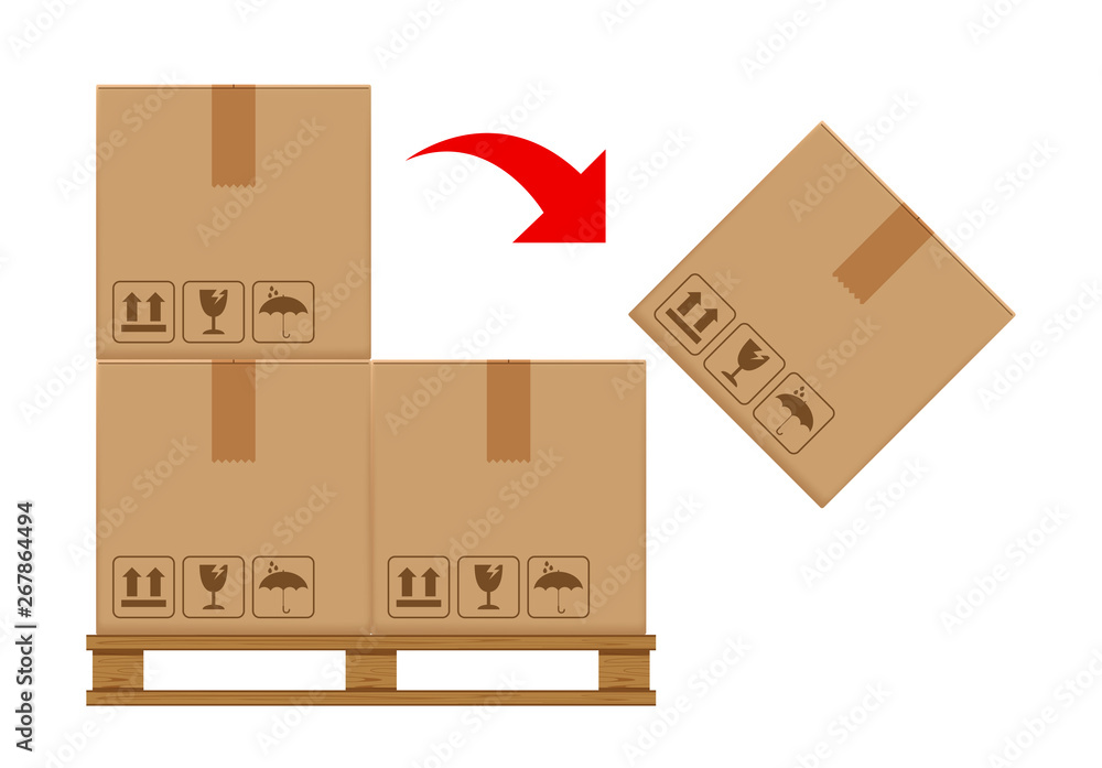 crate boxes on wooded pallet and symbol red arrow for product ...