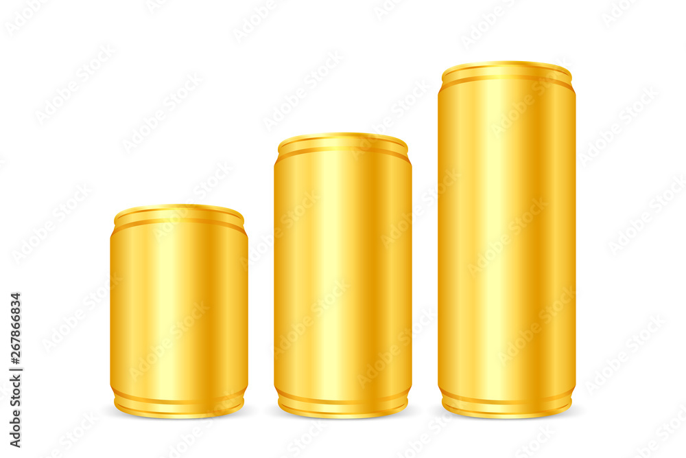 Canned gold, Iron cans golden, Set blank metallic gold beer or soda ...