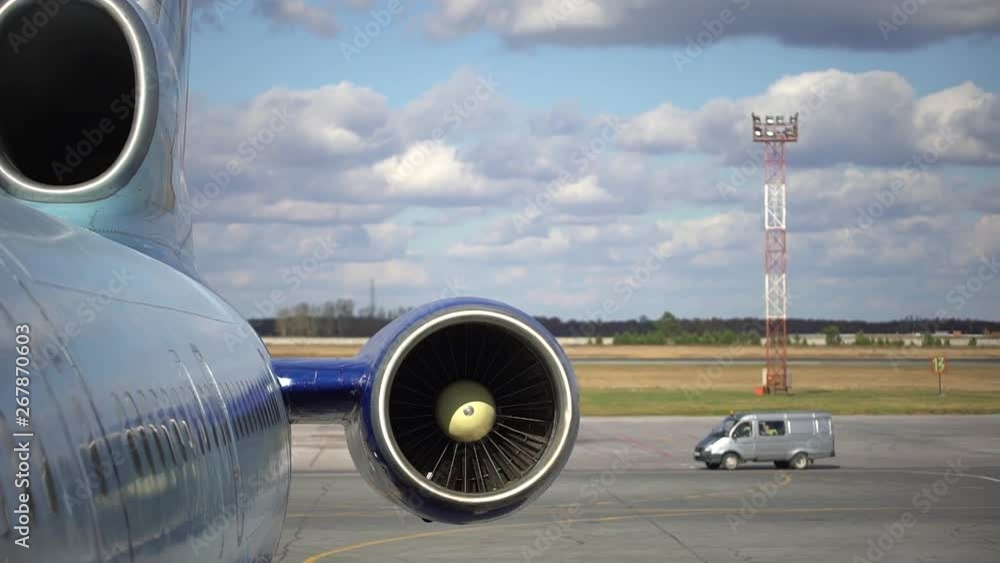 airport, aircraft, travel, pre-flight preparing. Jet turbine turbo ...