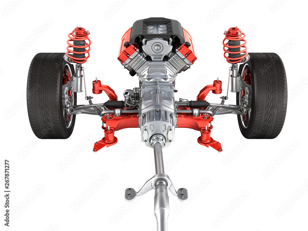 Suspension of the car with wheel and engine Undercarriage in detail ...