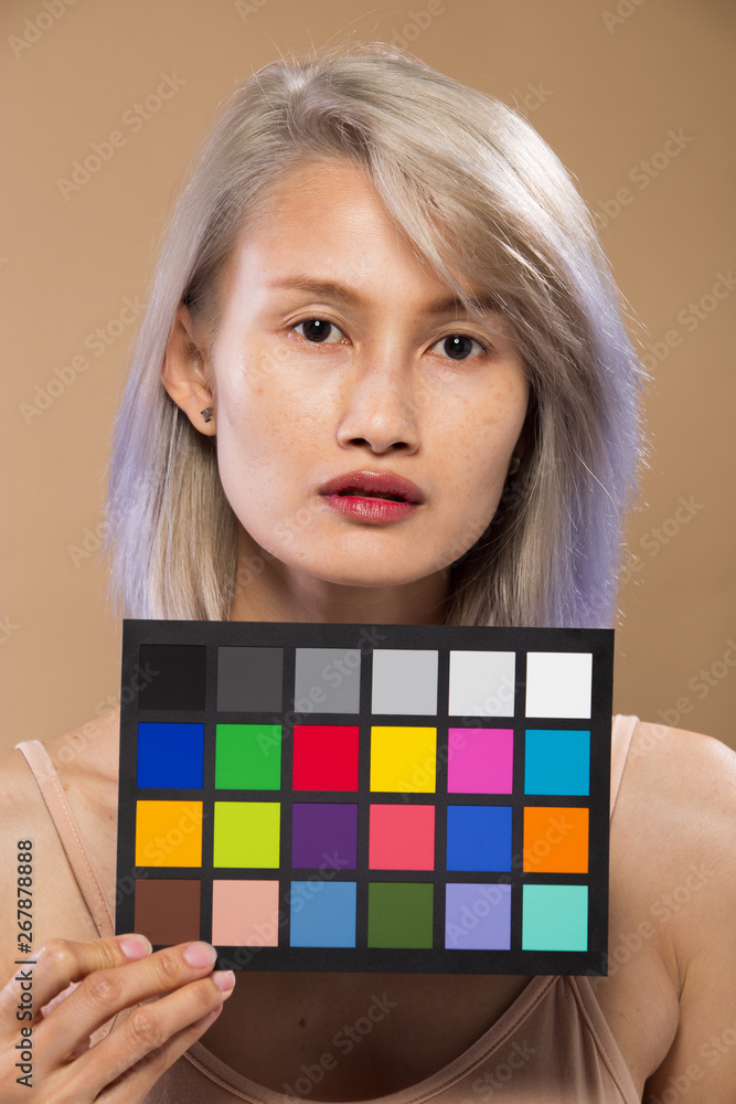 Asian Woman before applying make up silver gray hair style. no retouch ...