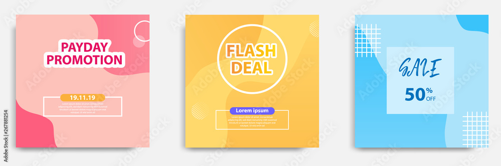 Three set of sale square banner. Minimal modern abstract brush design ...