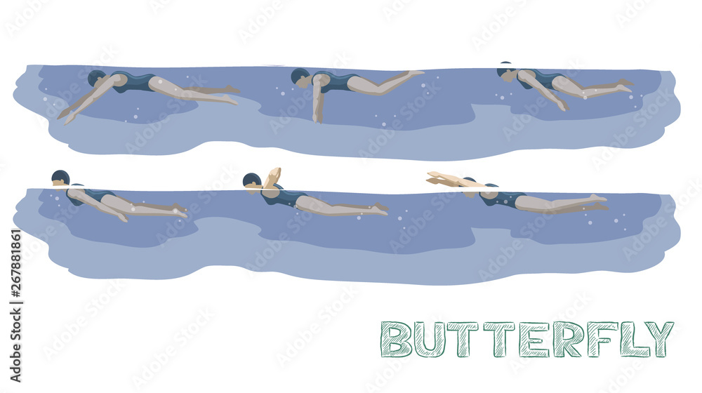 Swimming Pool Style Butterfly Motion Sequence Woman Animation Set Stock ...