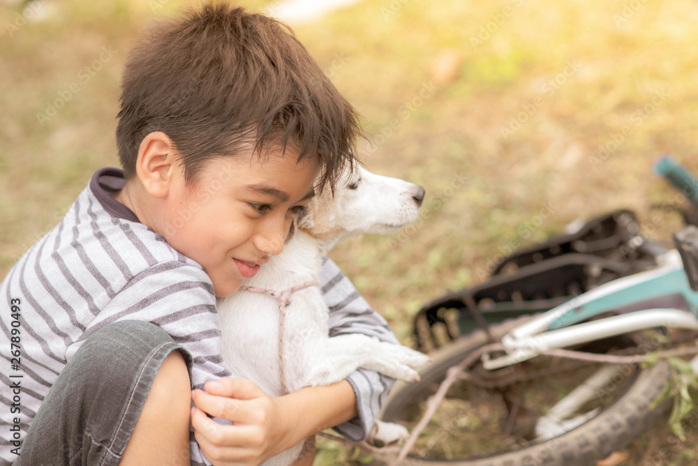 Little boy hug his dog jack russell in the park Stock Photo | Adobe Stock
