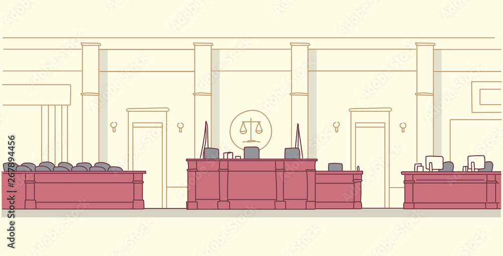 empty courtroom with wooden furniture judge and secretary workplace ...