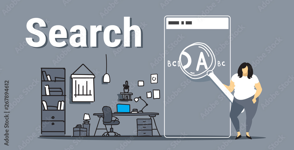 fat woman holding magnifying zoom glass using mobile app zooming ...