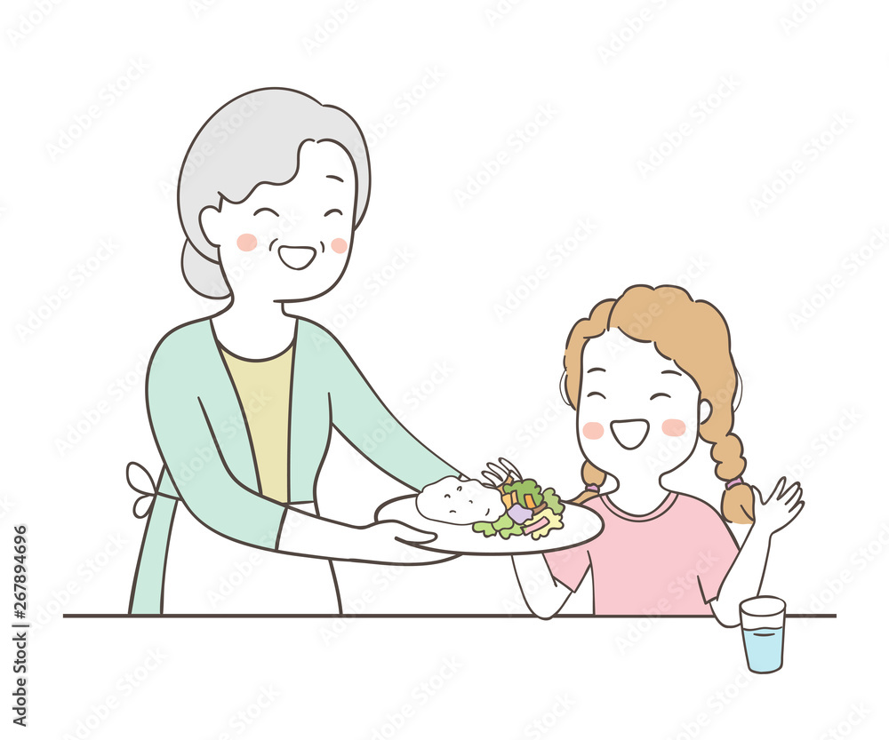 Draw elderly senior grandmother serving food to girl . Stock Vector ...
