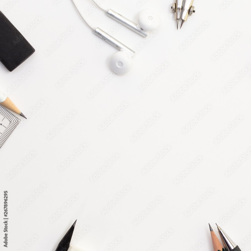 Background with white paper, pencils and eraser. Workplace for the ...