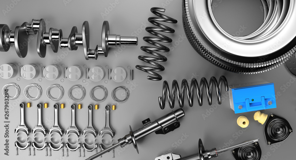 Auto parts spare parts car on the grey background. Set with many new ...