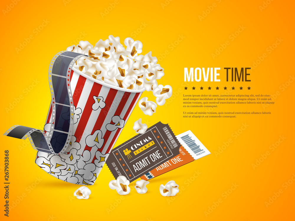 Cinema and movie poster design. 3d realistic popcorn, film tape and ...