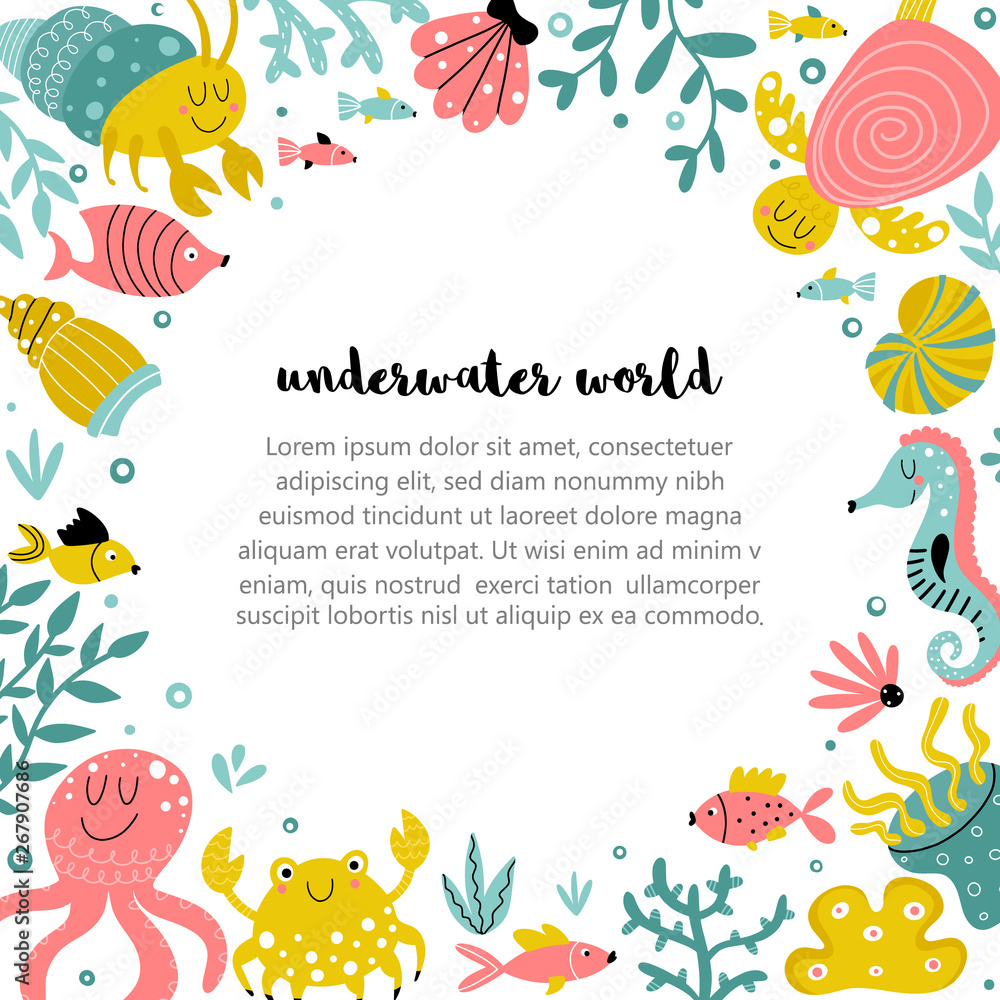 Frame with cartoon sea animals Stock Vector | Adobe Stock