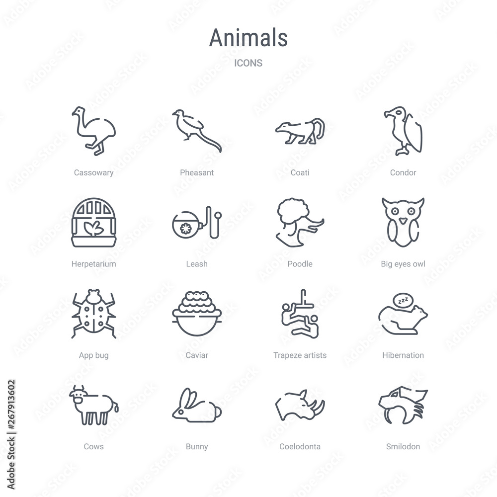set of 16 animals concept vector line icons such as smilodon ...