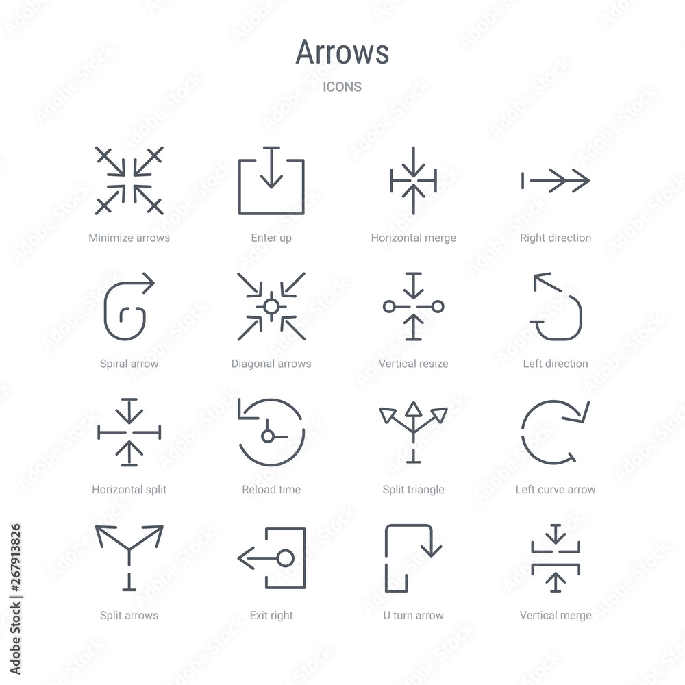 set of 16 arrows concept vector line icons such as vertical merge, u turn arrow, exit right ...