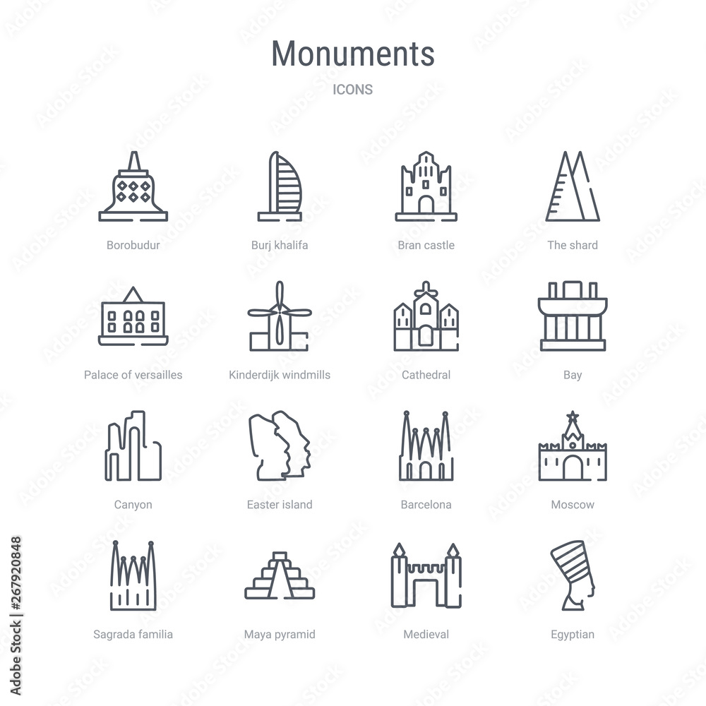 set of 16 monuments concept vector line icons such as egyptian ...