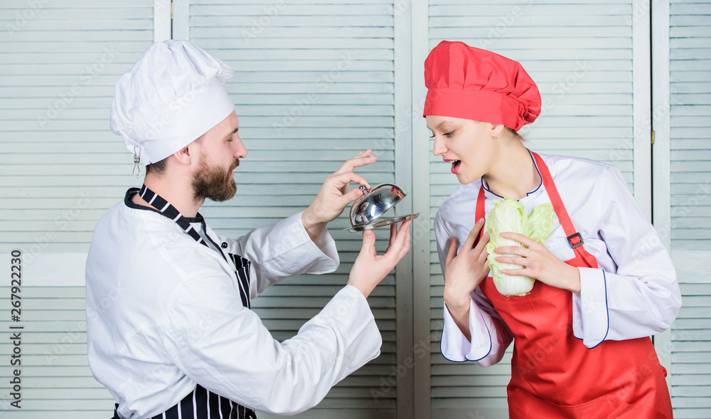 Will you eat my meal. Culinary family. Woman and bearded man cooking ...