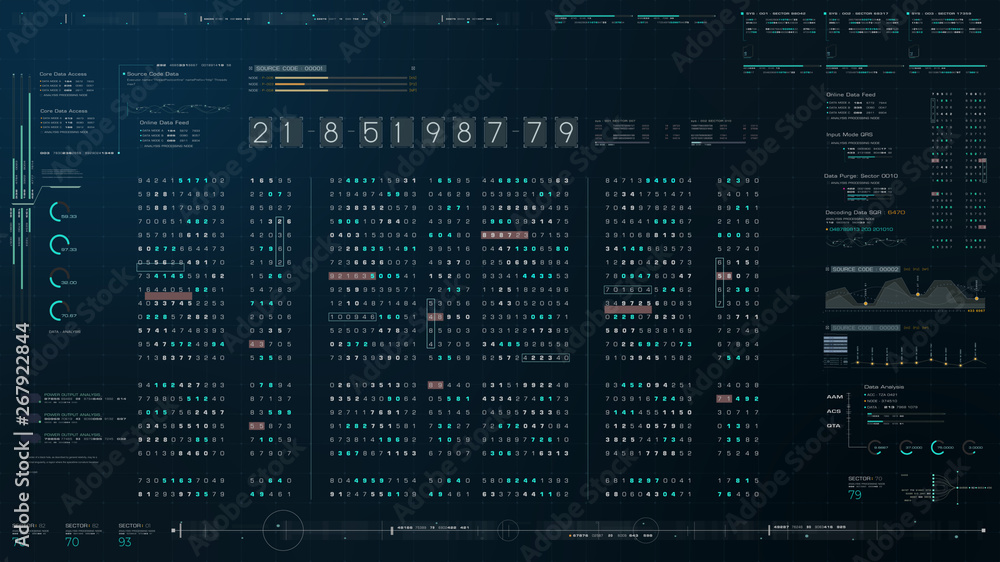 Futuristic source code digital data telemetry motion graphic display screen with user interface ...
