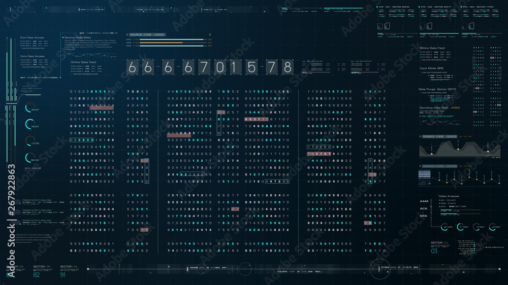 Futuristic source code digital data telemetry motion graphic display screen with user interface ...