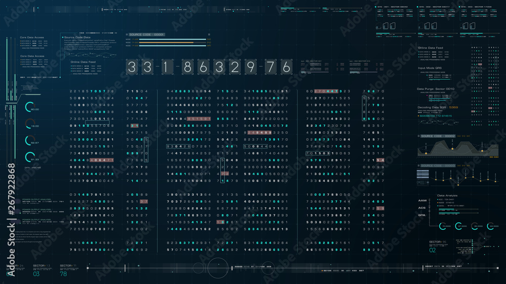 Futuristic source code digital data telemetry motion graphic display screen with user interface ...