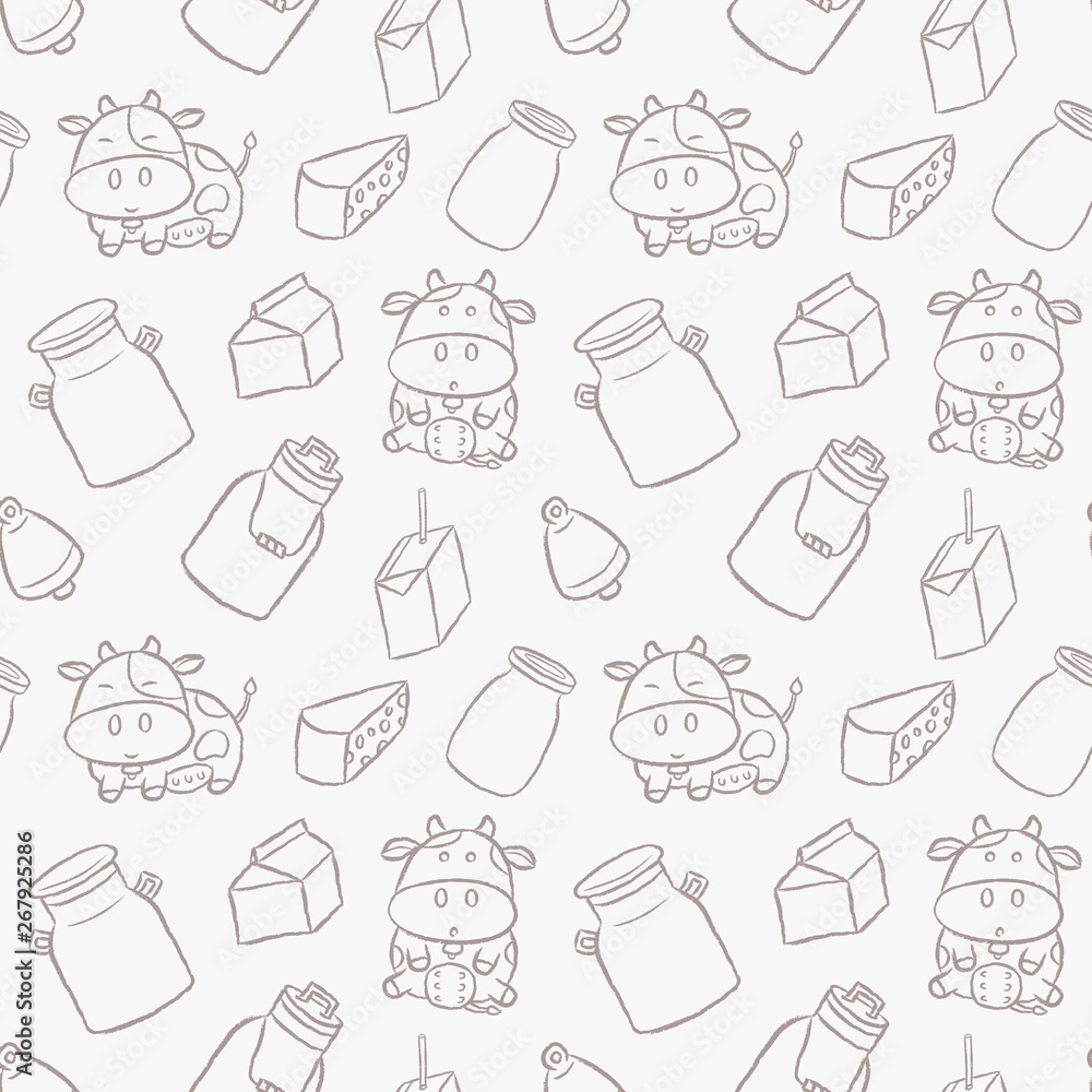 Cute dairy cows hand drawn cartoon style seamless pattern. Vector ...