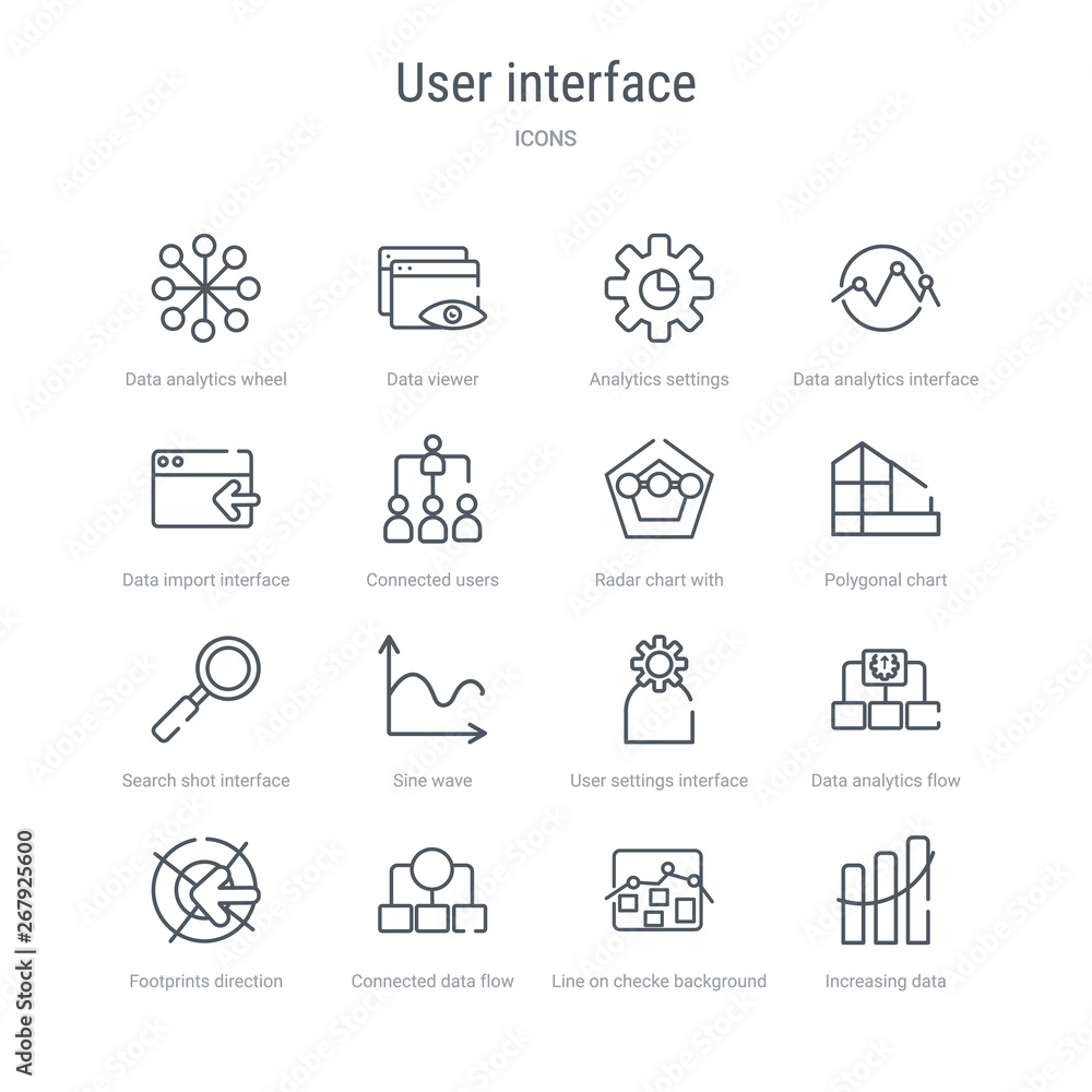 set of 16 user interface concept vector line icons such as increasing data, line on checke ...