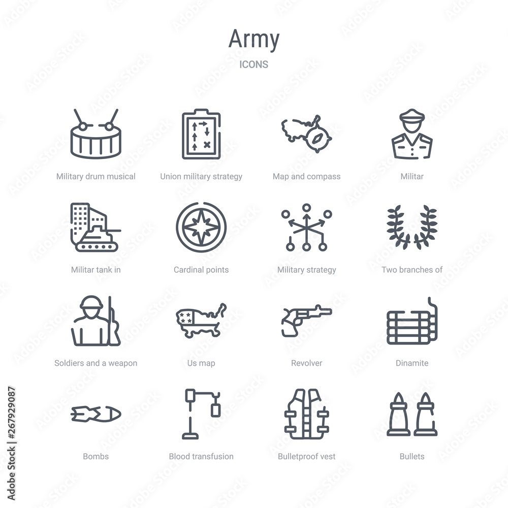 set of 16 army concept vector line icons such as bullets, bulletproof ...