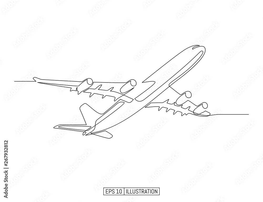 Continuous line drawing of jet plane. Template for your design works ...