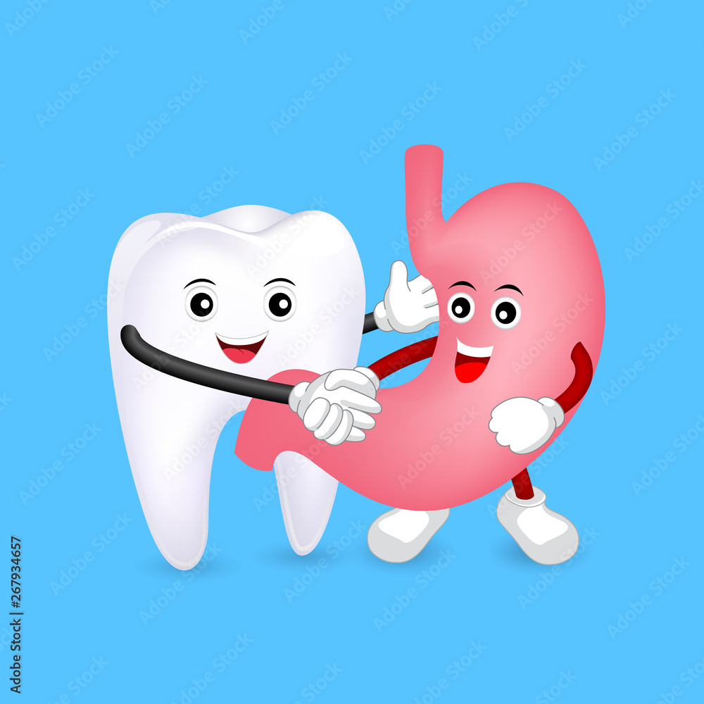 Cute cartoon tooth and stomach shaking hands as a partner. Oral health ...