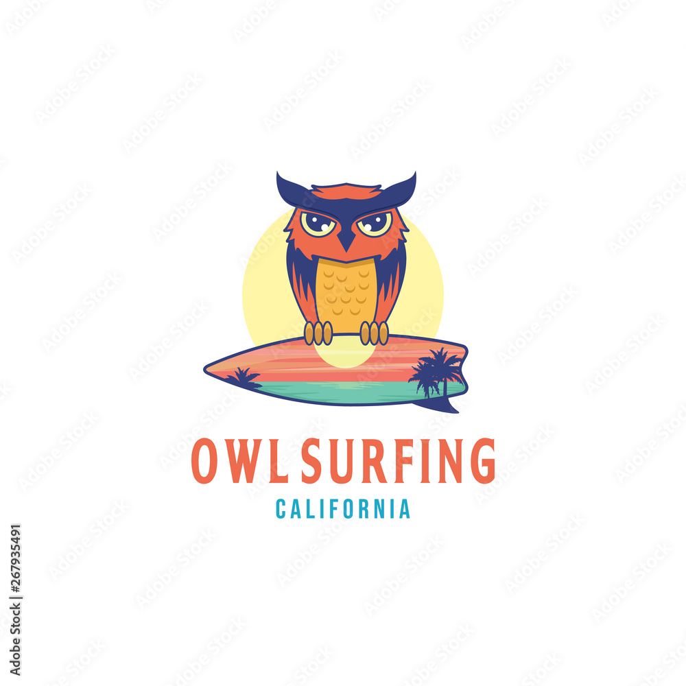 owl surfing logo design inspiration, with a sunset beach in the surf ...