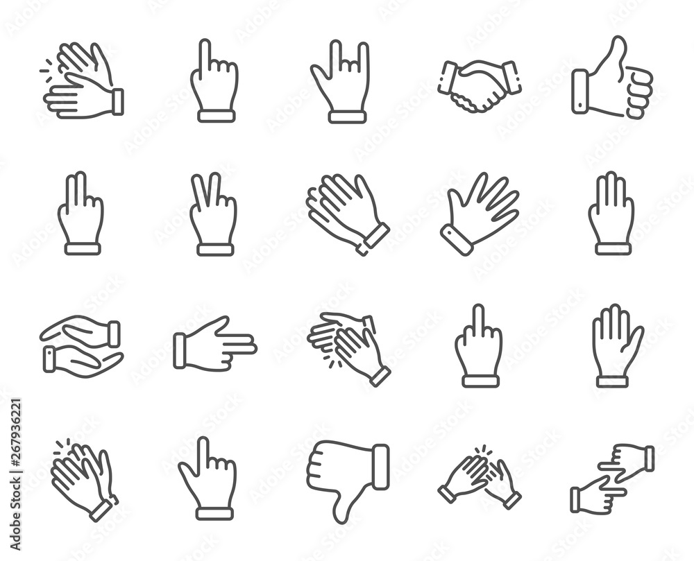 Hand gestures line icons. Handshake, Clapping hands, Victory symbol ...
