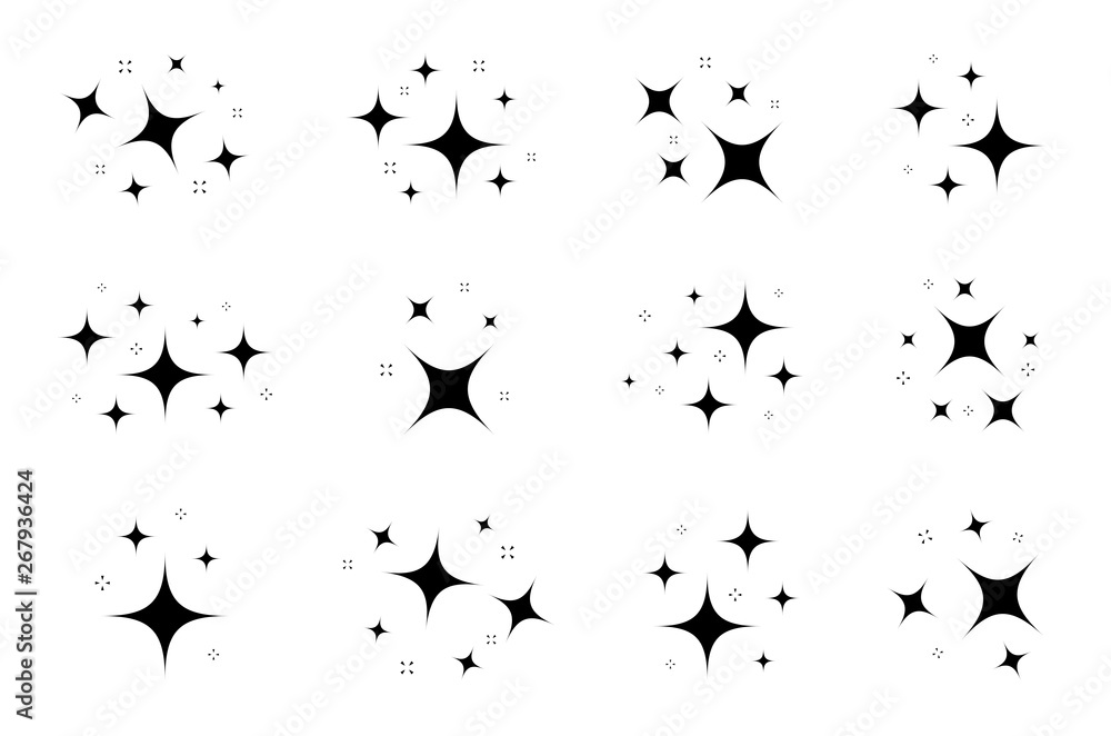 Star sparkling set. Twinkling cartoon. Black glittering star sparkle ...