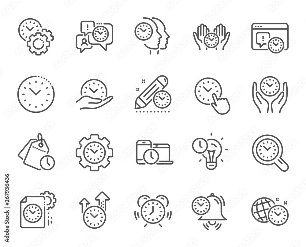 Time management line icons. Alarm clock, timer plan and project ...