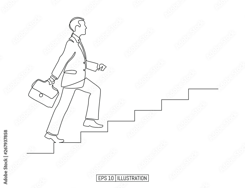 Continuous line drawing of man going up the stairs. Businessman career ...