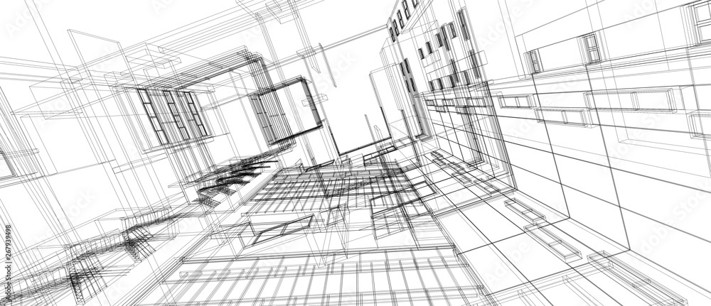 Architecture building space design concept 3d perspective wire frame ...