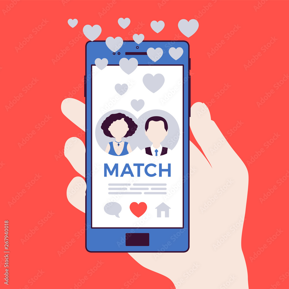 Dating mobile application with pair match on smartphone screen. Man ...